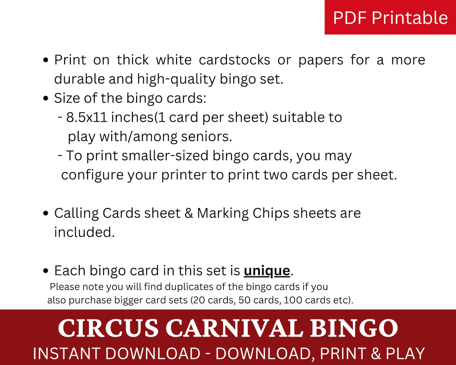 50 Circus Carnival Bingo Game, Family Birthday Party Activity, Road ...