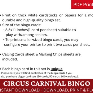 50 Circus Carnival Bingo Game, Family Birthday Party Activity, Road ...