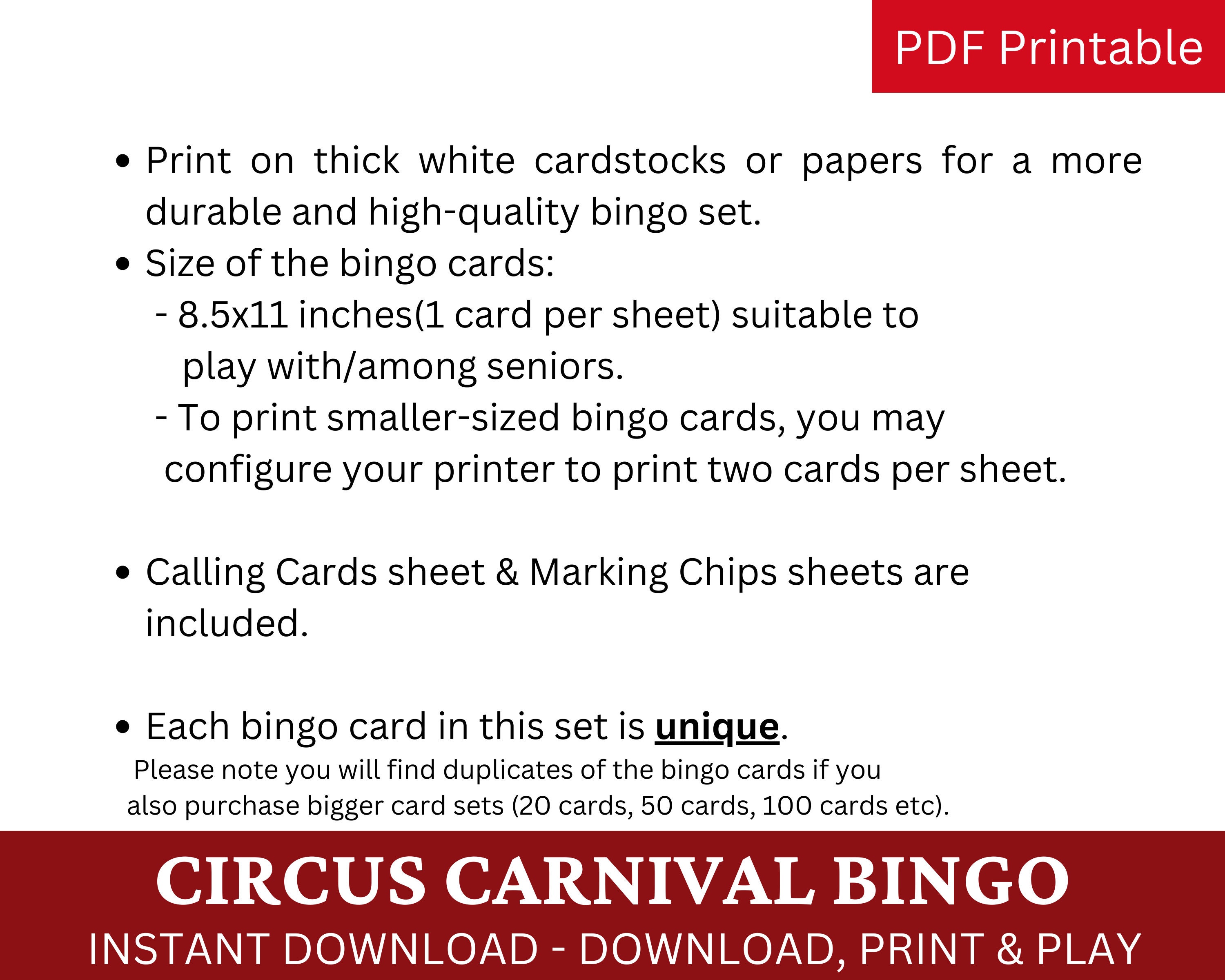 50 Circus Carnival Bingo Game, Family Birthday Party Activity, Road ...