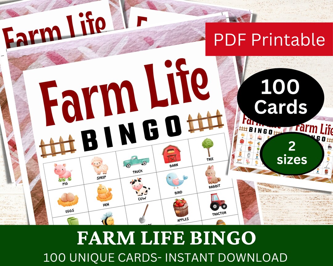 100 Farm Life Bingo Game Card, Barnyard Theme Party Activity, PDF Game ...
