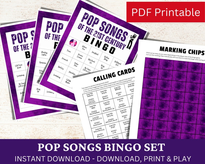 5 Pop Songs Bingo Game Cards, Pop Music Party Activity, Birthday Game ...