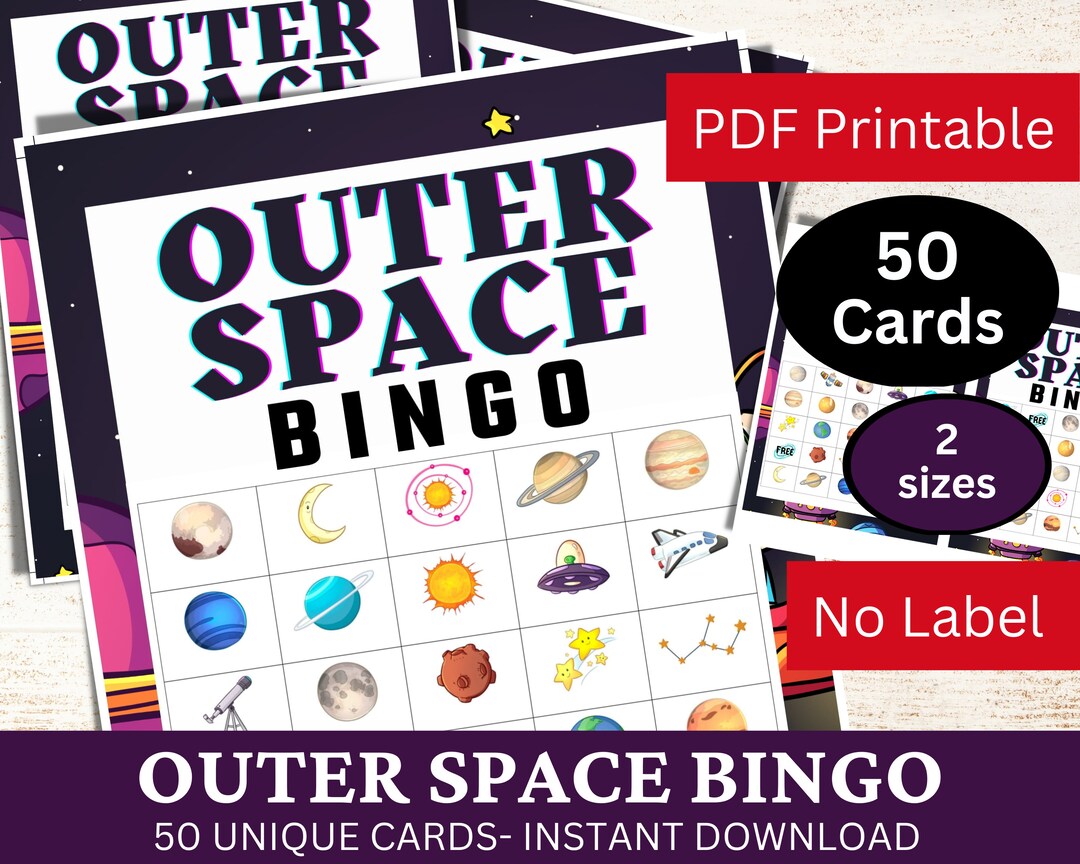 50 Outer Space Bingo Game Card, Fun Solar System Theme Party Activity ...