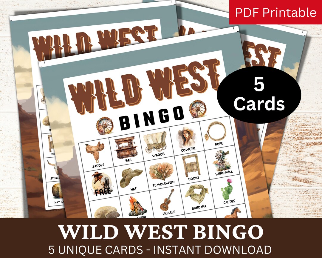 5 Wild West Watercolor Bingo Game, Cowboy Family Party, Summer Picnic ...