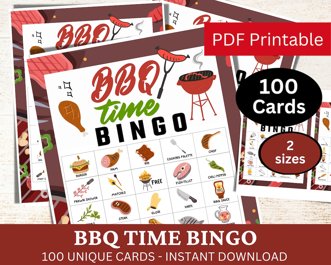 100 BBQ Time Bingo Game Cards, Barbecue Party Family Bingo, Summer ...