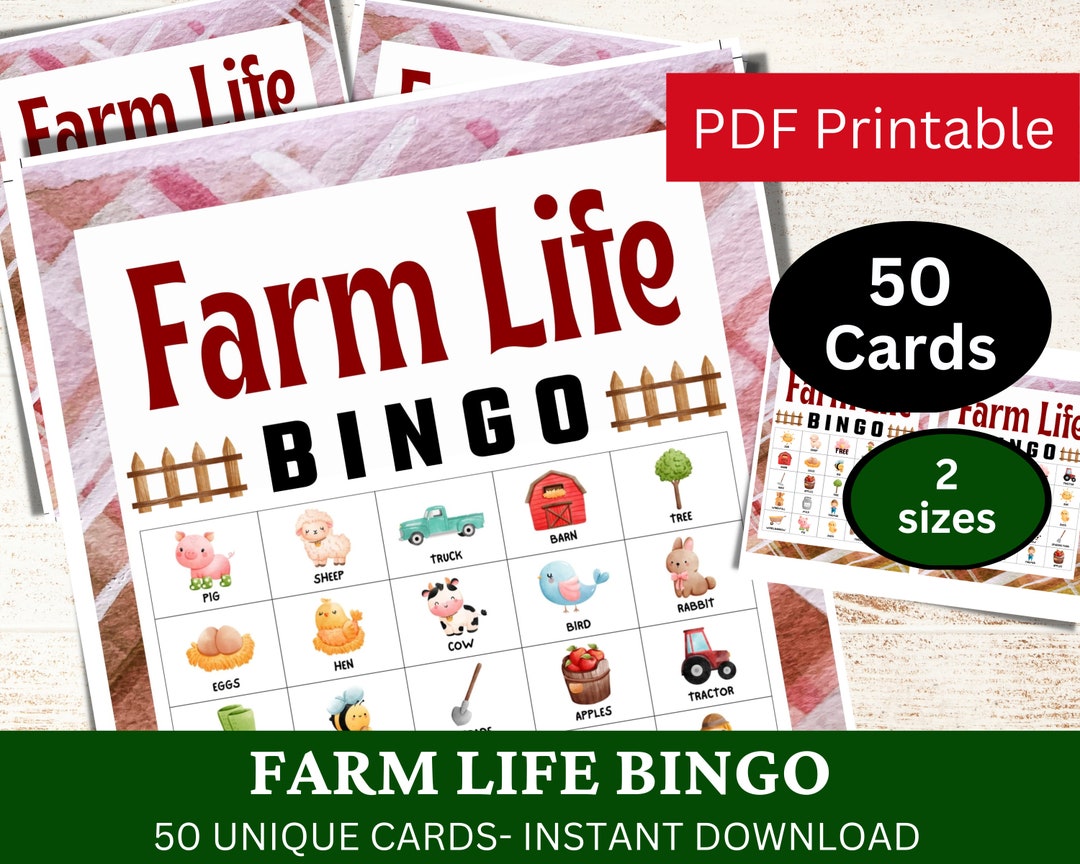 50 Farm Life Bingo Game Card, Barnyard Theme Party Activity, PDF Game ...