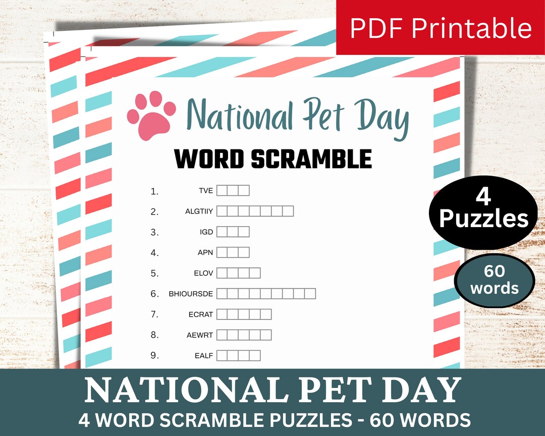 4 National Pet Day Themed Word Search Puzzle Games, Pet Lovers Activity ...