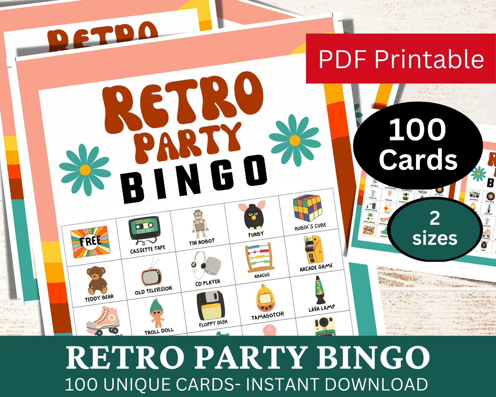 100 Retro Party Bingo Game Cards, National Retro Day Activity ...