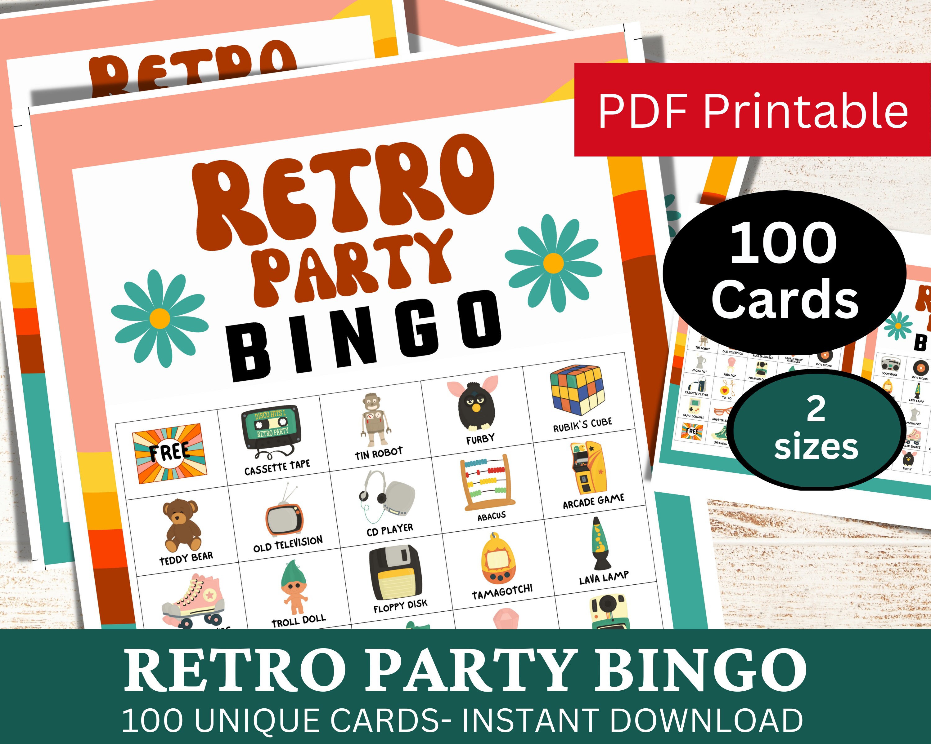 100 Retro Party Bingo Game Cards, National Retro Day Activity ...