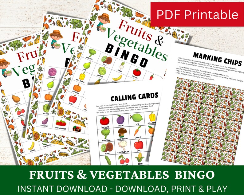 5 Fruits and Vegetables Bingo Game Card, Food Theme Party Activity, PDF ...
