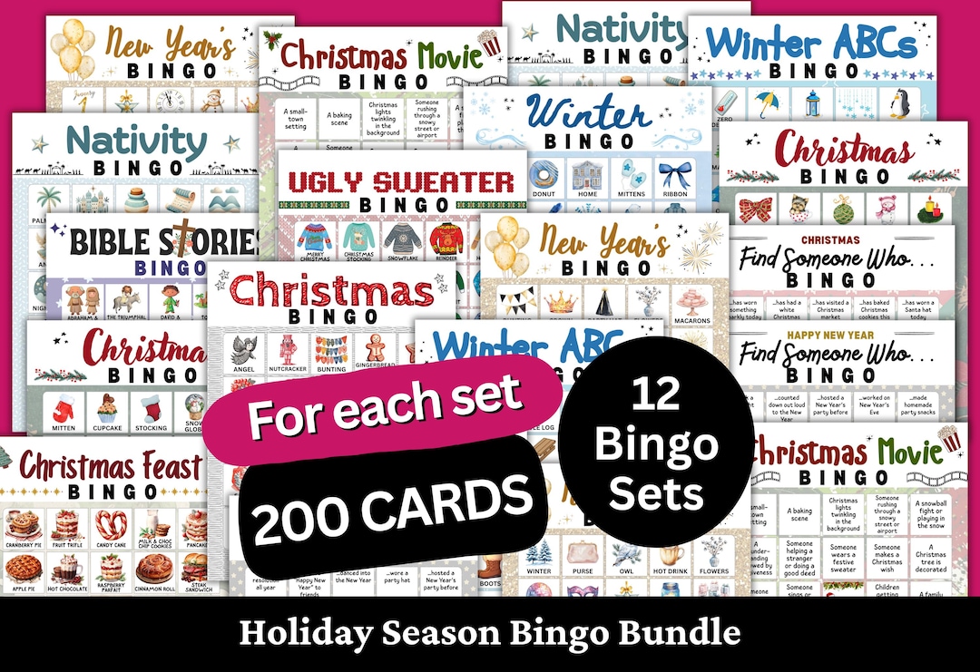 Christmas Holiday Season Bingo Bundle, 200 Cards, 12 Sets Printable ...