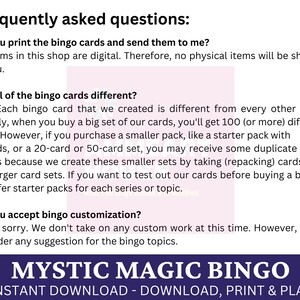 100 Mystic Magic Bingo Game Card, Wizard Witchcraft Themed Activity ...