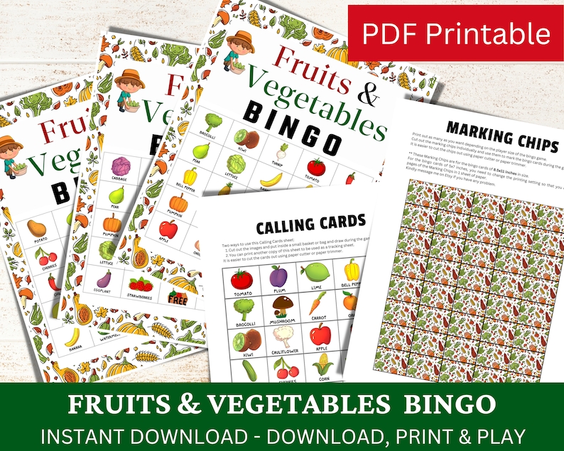 50 Fruits and Vegetables Bingo Game Card, Food Theme Party Activity ...