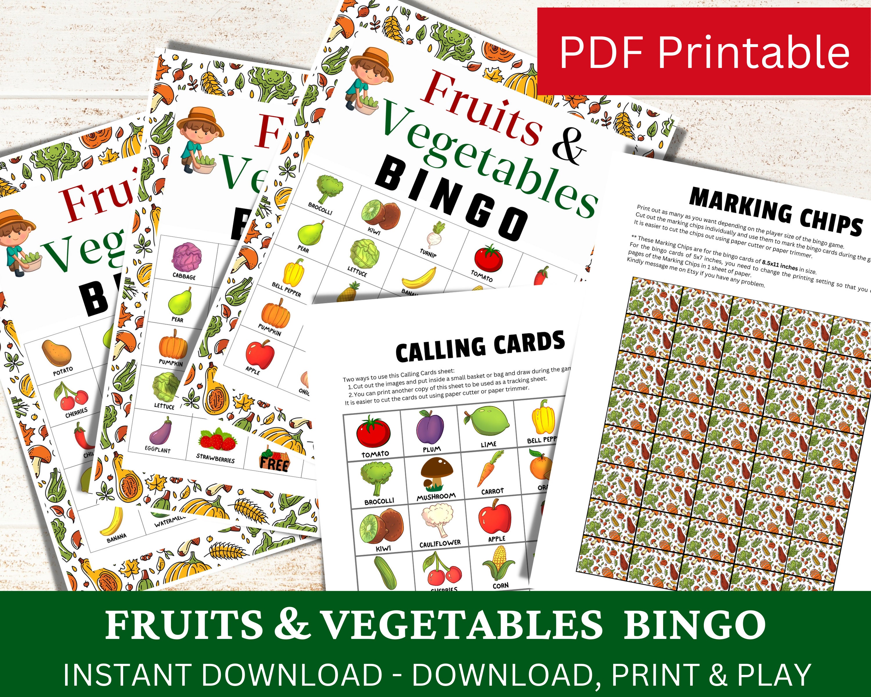 50 Fruits and Vegetables Bingo Game Card, Food Theme Party Activity ...