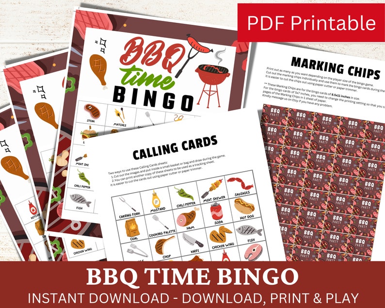 20 BBQ Time Bingo Game Cards, Barbecue Party Family Bingo, Summer ...