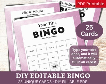 25 Editable Bingo Pastel Violet Template PDF, DIY Fillable Bingo Game ...