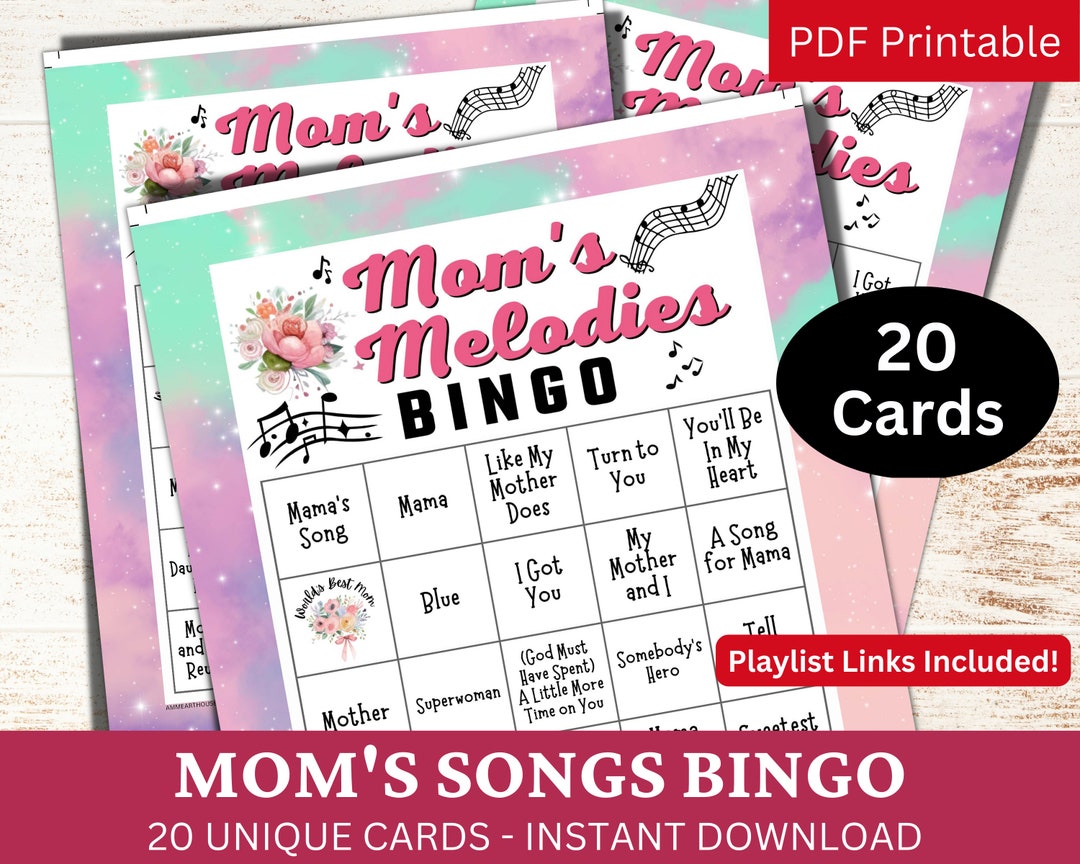 Mom's Songs Bingo Game 20 Card Mother's Birthday - Etsy