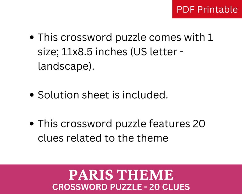 Paris Crossword Puzzle Printable Game, Fun Travel Theme Birthday ...