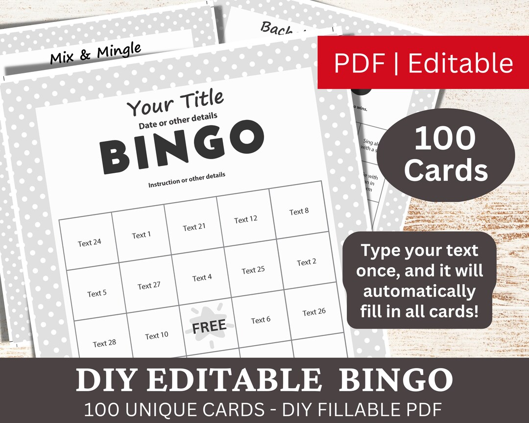 100 Editable Bingo Pastel Gray Template PDF, DIY Fillable Bingo Game ...