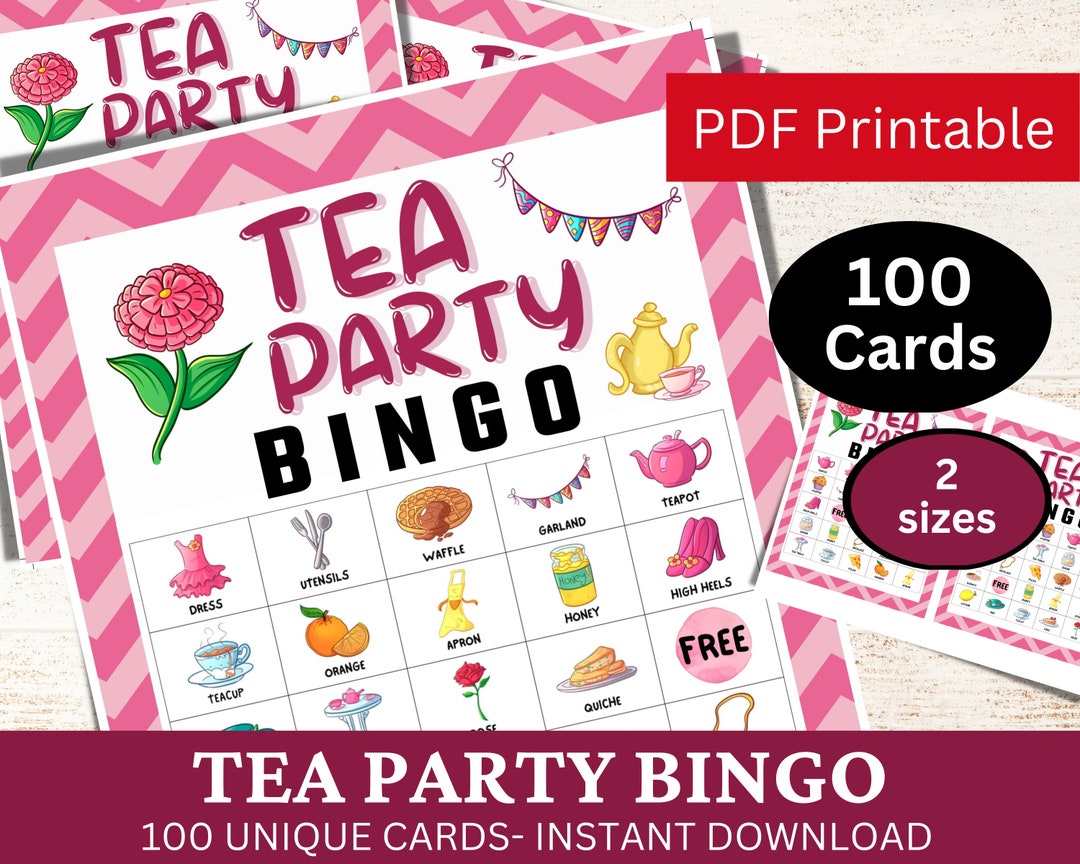 100 Tea Party Bingo Game Card, Fun Birthday Theme Party Activity ...