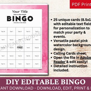 25 Editable Bingo Watercolor Pink Template PDF, DIY Fillable Game Card ...