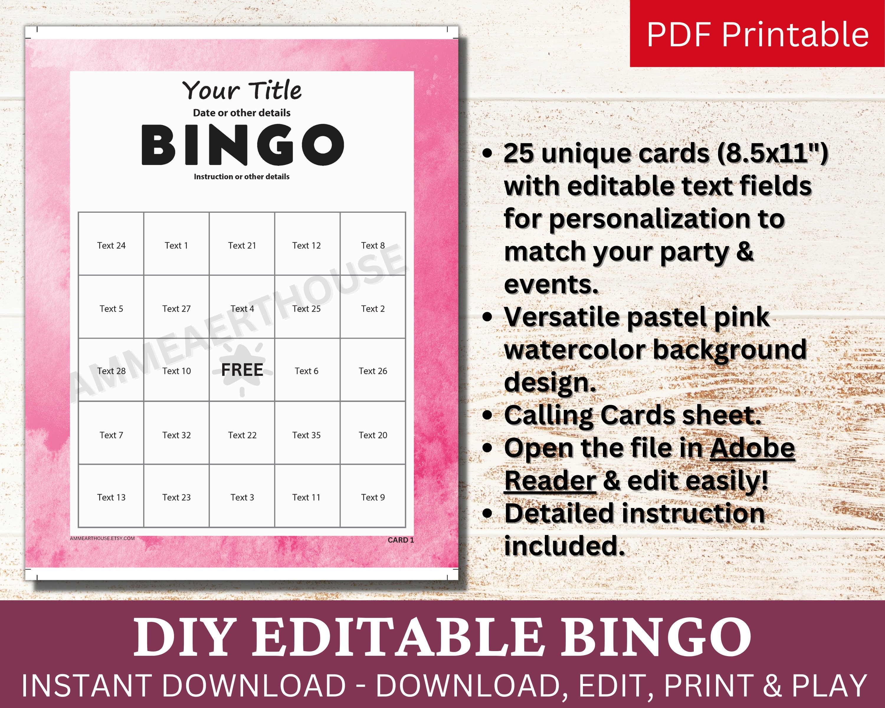 25 Editable Bingo Watercolor Pink Template PDF, DIY Fillable Game Card ...