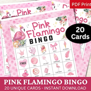 20 Pink Flamingo Watercolor Bingo Game, Tropical Summer Theme Birthday ...