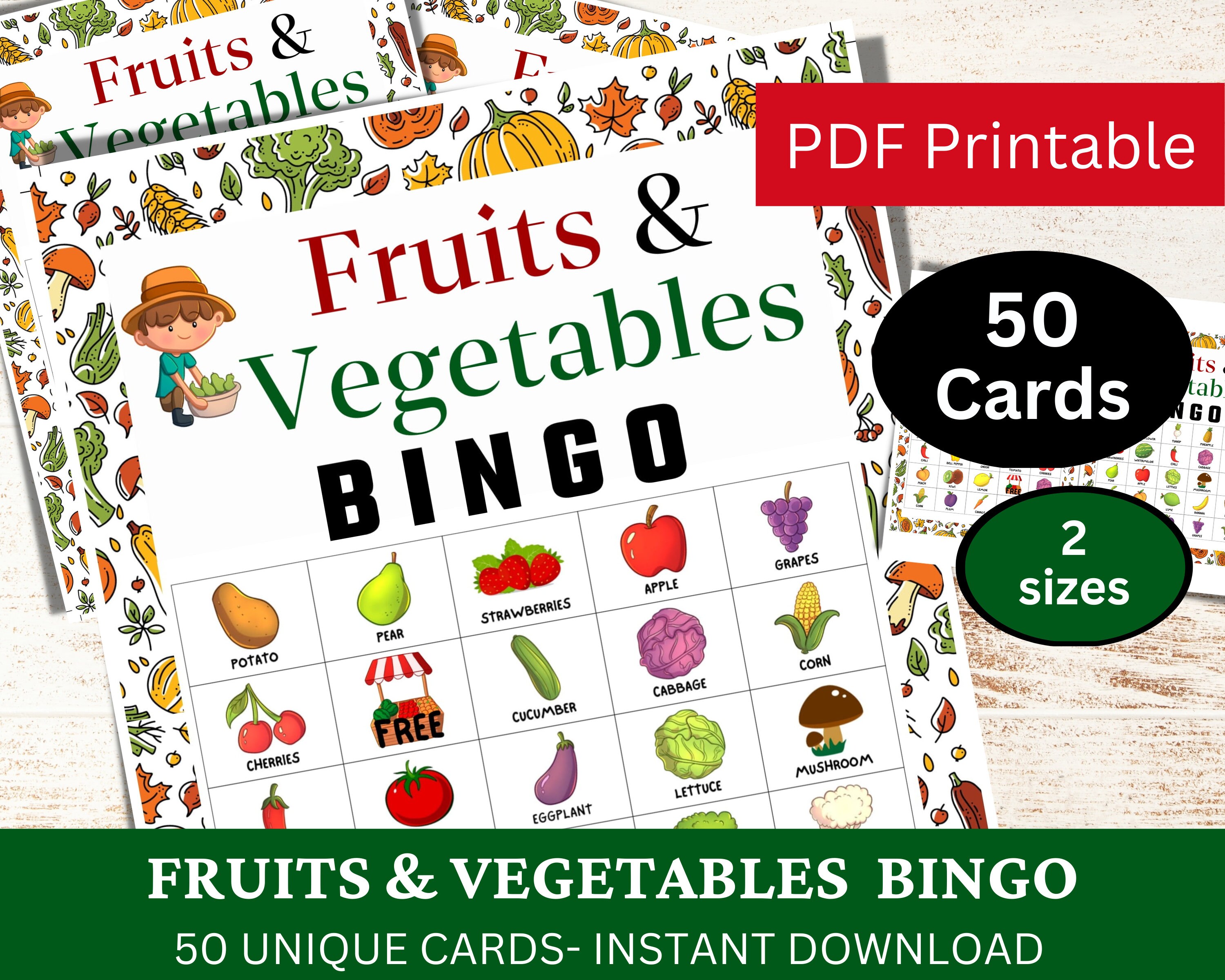 50 Fruits and Vegetables Bingo Game Card, Food Theme Party Activity ...