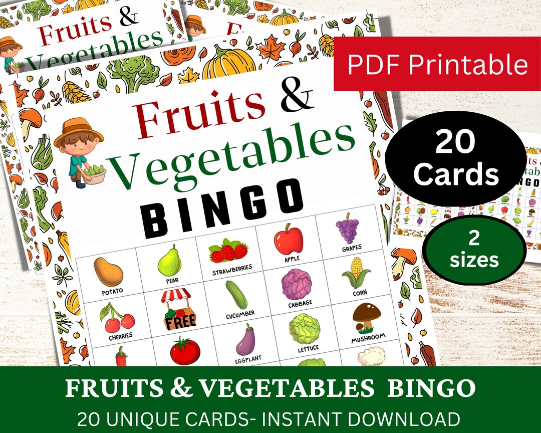 20 Fruits and Vegetables Bingo Game Card, Food Theme Party Activity ...