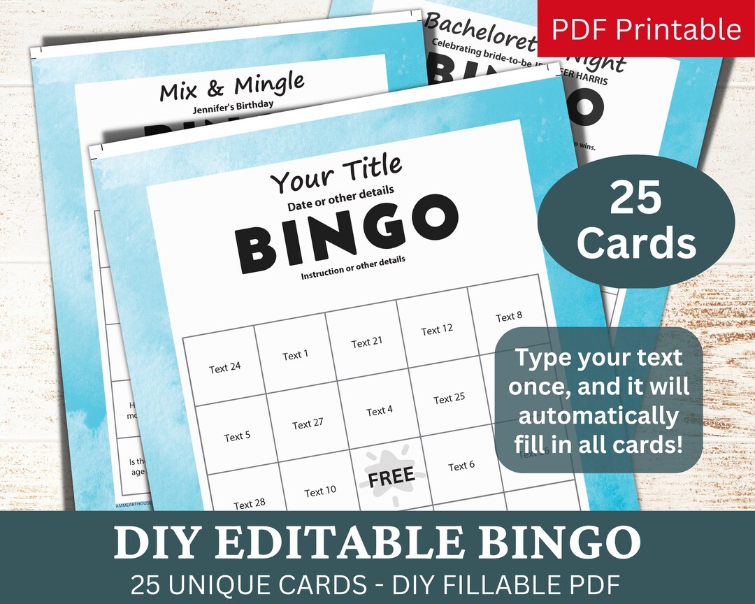 25 Editable Bingo Watercolor Sky Blue Template PDF, DIY Fillable Game ...
