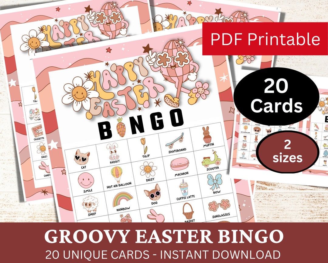 20 Retro Themed Bingo Game Card, Happy Easter Day Activity, Groovy ...