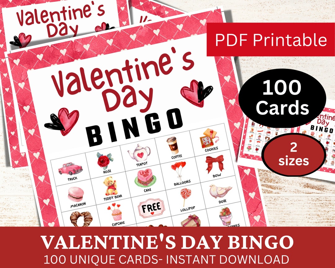 100 Valentine's Day Bingo Game Card, Watercolor Theme Class Party ...