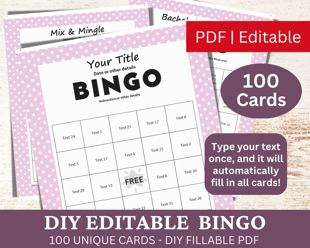 100 Editable Bingo Pastel Violet Template PDF, DIY Fillable Bingo Game ...