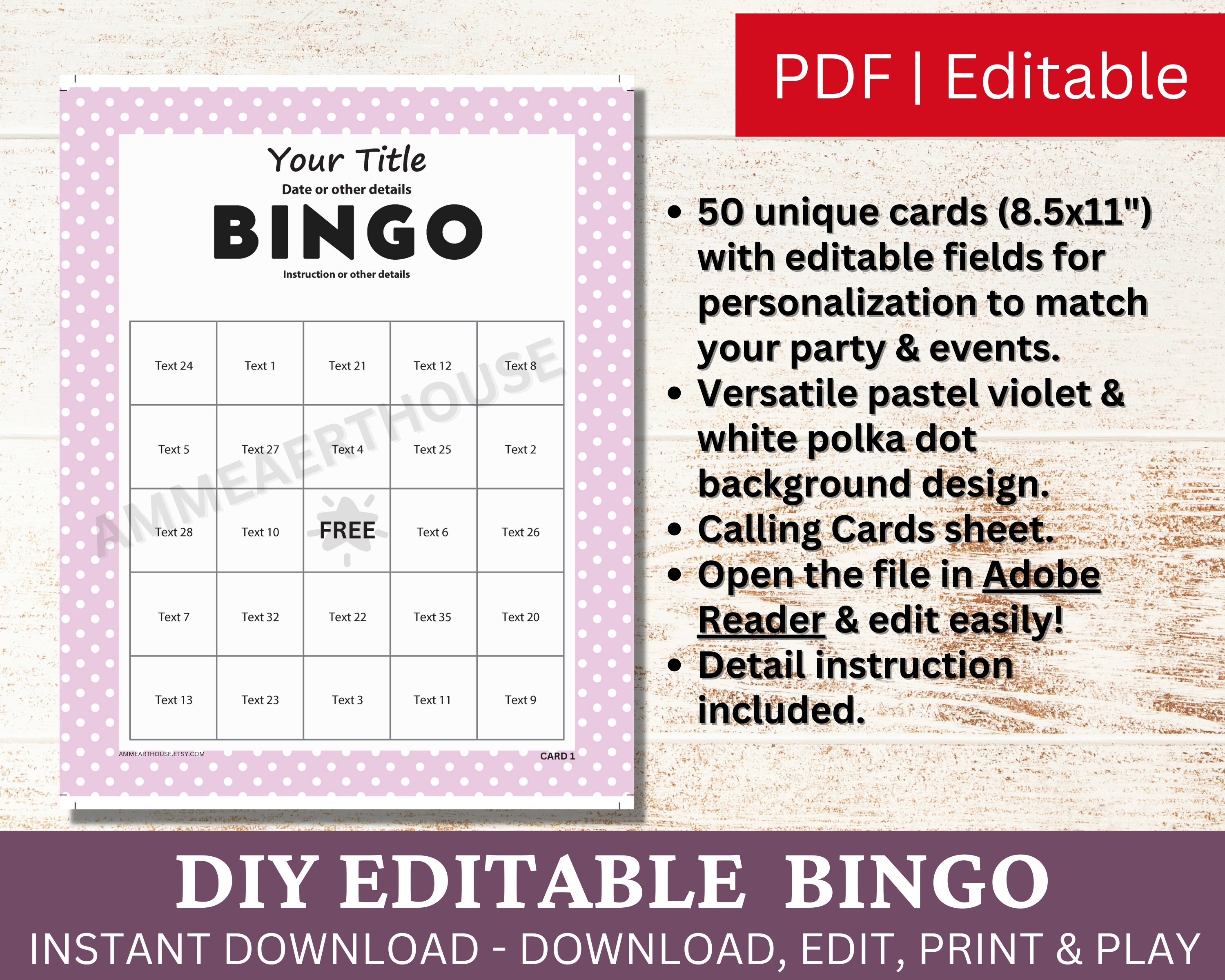 50 Editable Bingo Pastel Violet Template PDF, DIY Fillable Bingo Game ...