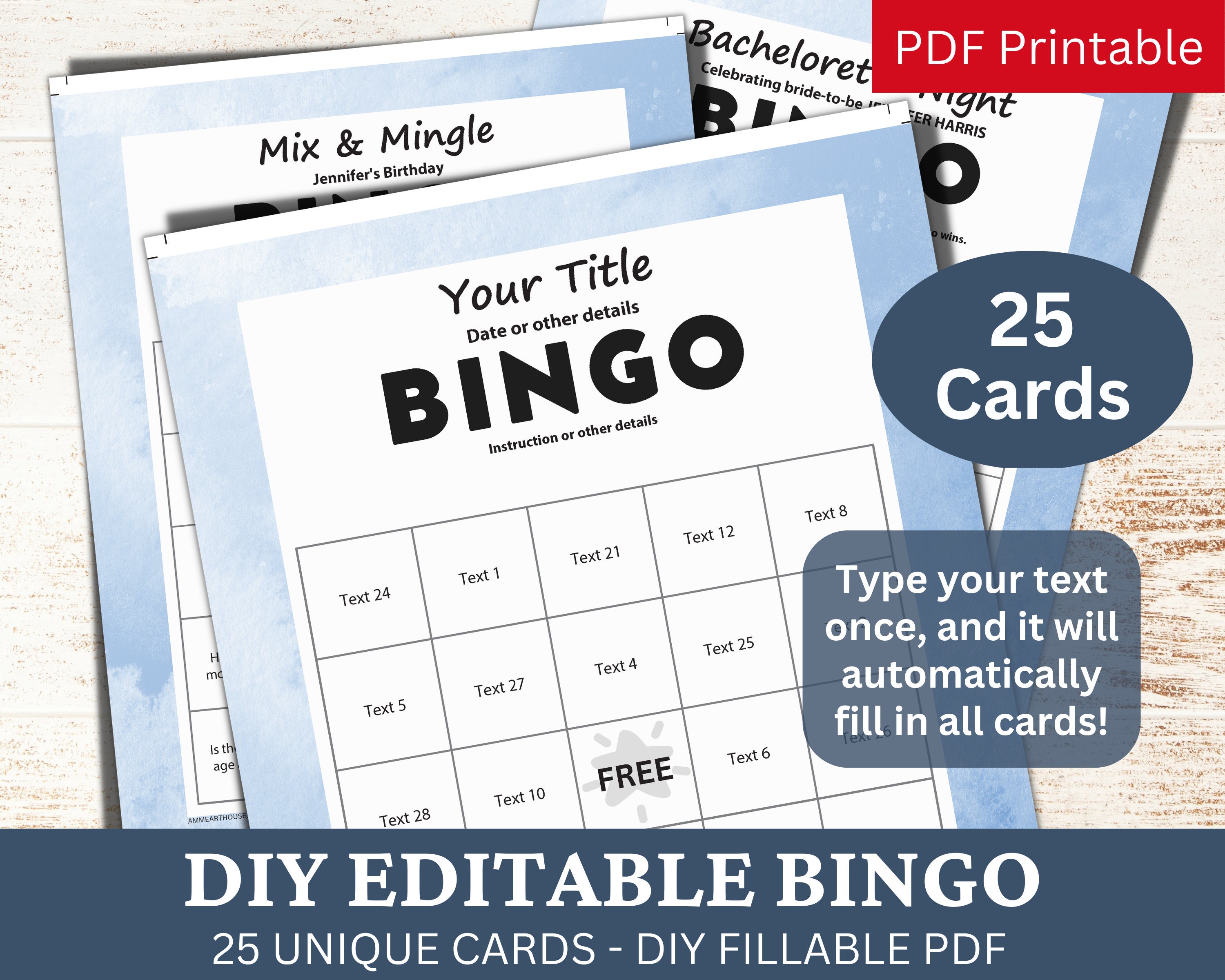 25 Editable Bingo Watercolor Indigo Blue Template PDF, DIY Fillable ...