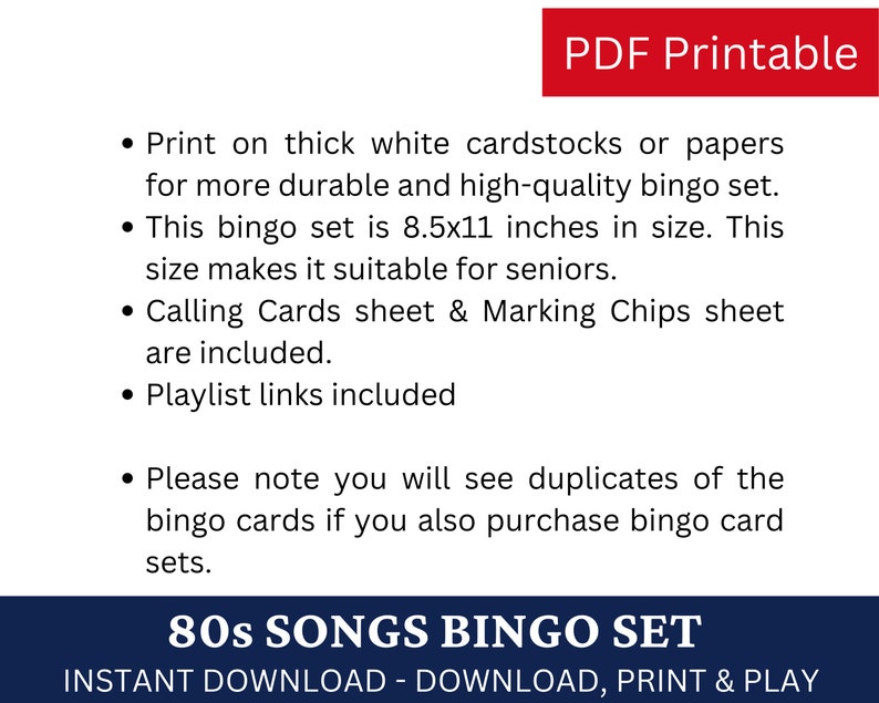 5 Classic 80s Songs Bingo Game Cards Timeless Music Party - Etsy