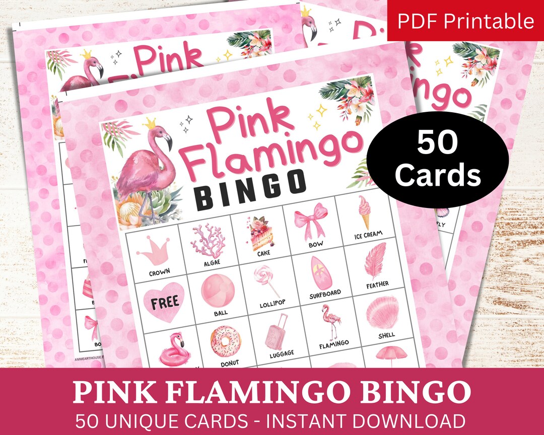 50 Pink Flamingo Watercolor Bingo Game, Tropical Summer Theme Birthday ...