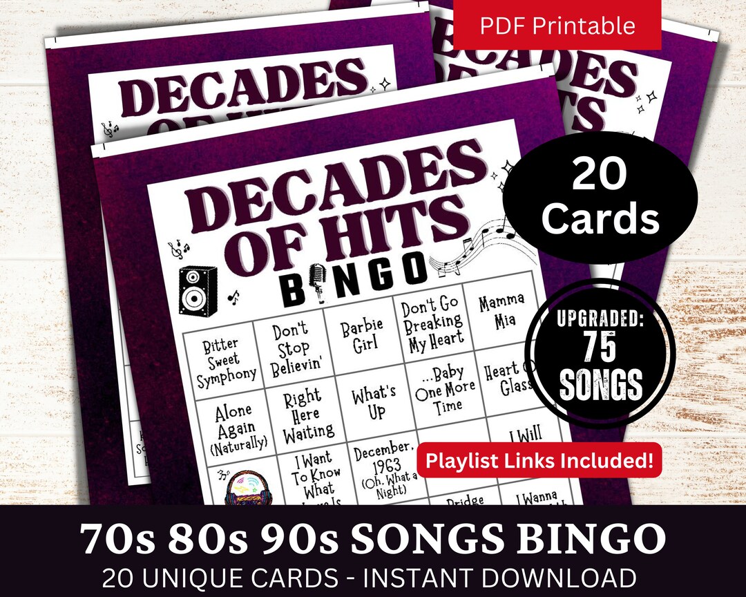 Decades of Hits Bingo 20 Cards, 70s 80s 90s Songs Game for Party ...
