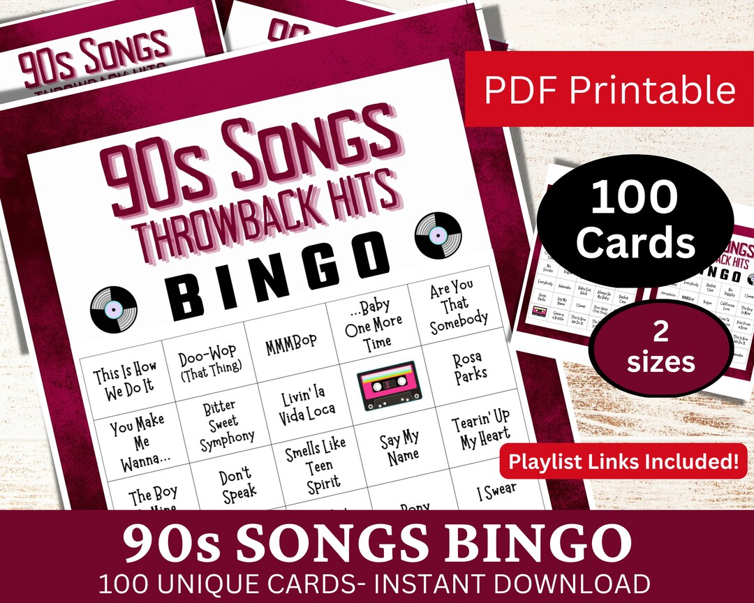 90s Throwback Songs Bingo Game 100 Card Timeless Music Party - Etsy