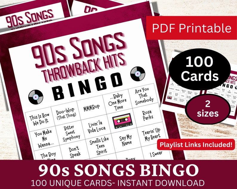 90s Throwback Songs Bingo Game 100 Card Timeless Music Party - Etsy