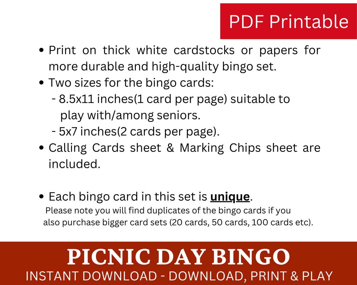 50 Picnic Day Bingo Game Card, Family Reunion Activity, Fun Birthday ...