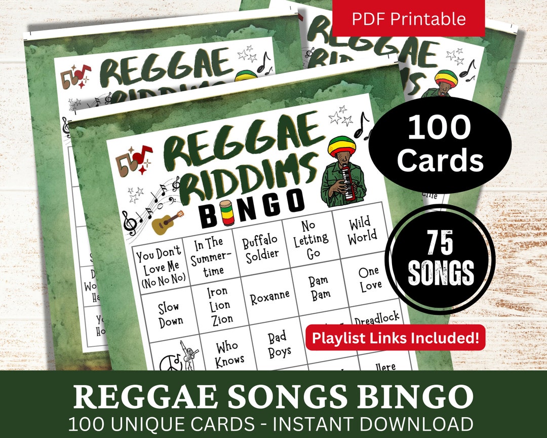 Reggae Songs Bingo 100 Card, Throwback Theme Game, Summer Beach Tune ...