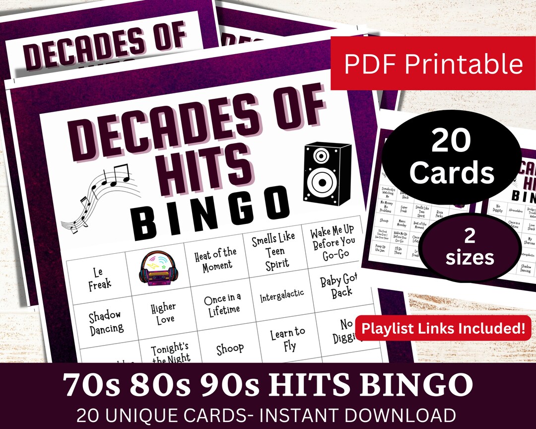 Decades of Hits Bingo 20 Cards, 70s 80s 90s Songs Game for Party ...