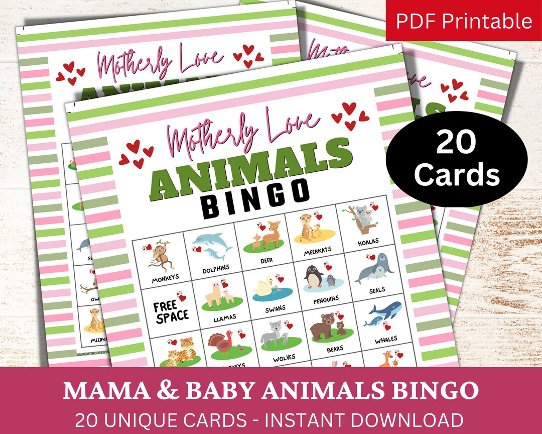 20 Mama & Baby Animals Bingo Game Card, Mother's Day Themed Activity ...
