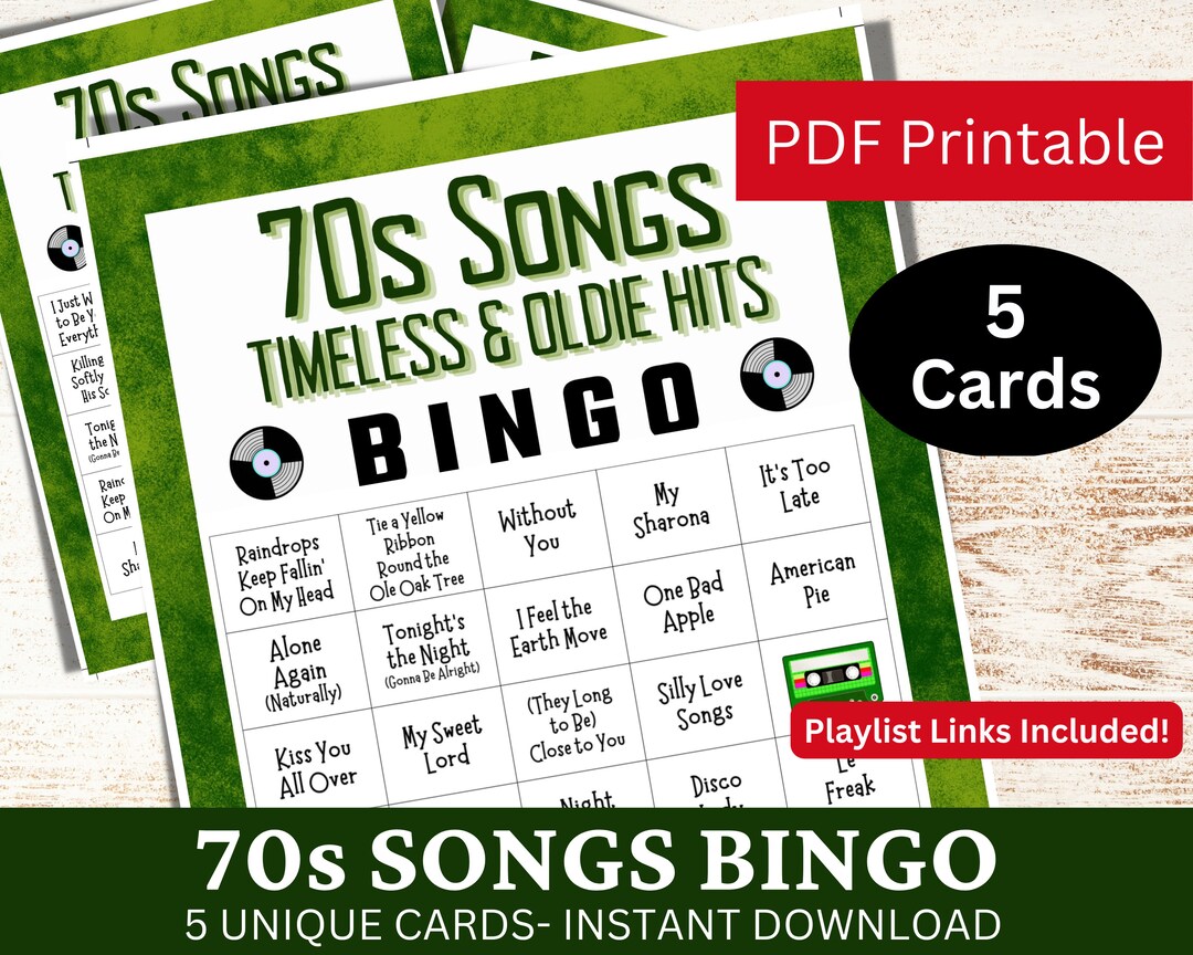 5 Oldie 70s Songs Bingo Game Cards, Timeless Music Party Activity ...