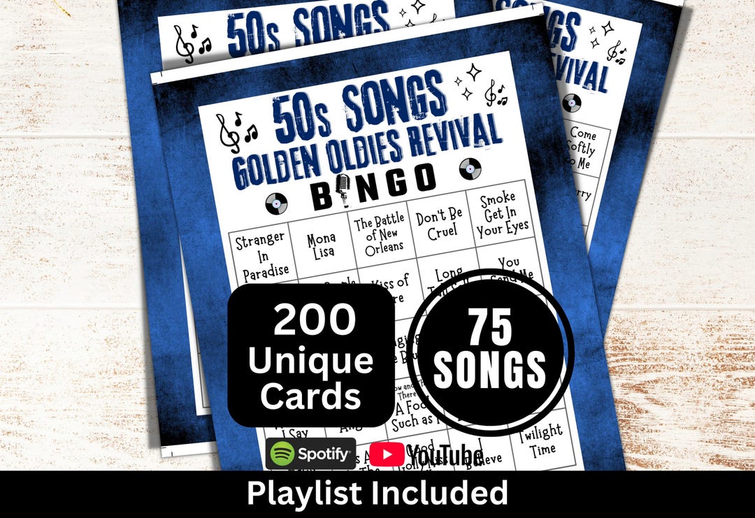1950s Songs Bingo 200 Card, 50s Music Bingo With Playlist for Senior ...