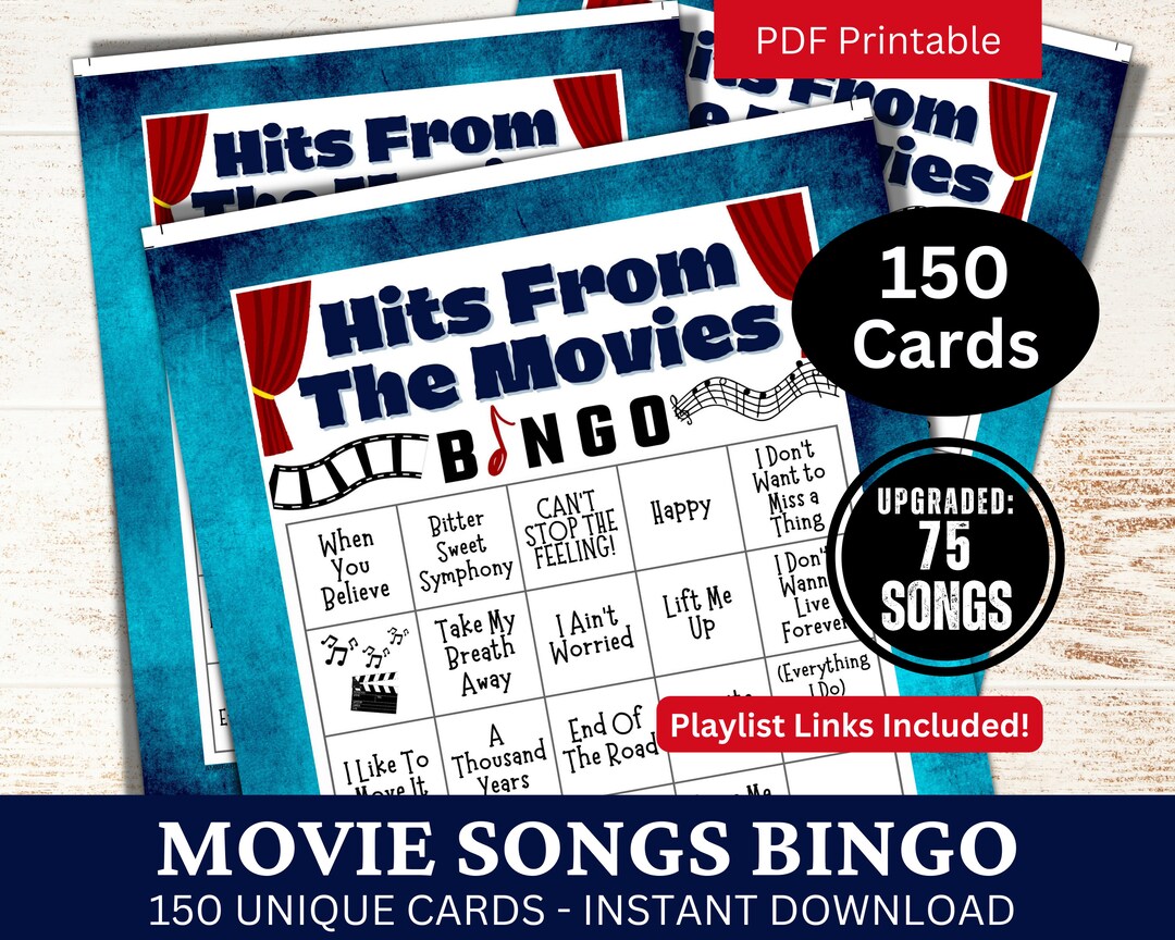 Movie Soundtrack Songs Bingo 150 Card, Family Day Gathering Game, Music ...