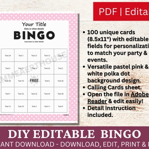 100 Editable Bingo Pastel Pink Template PDF, DIY Fillable Bingo Game ...