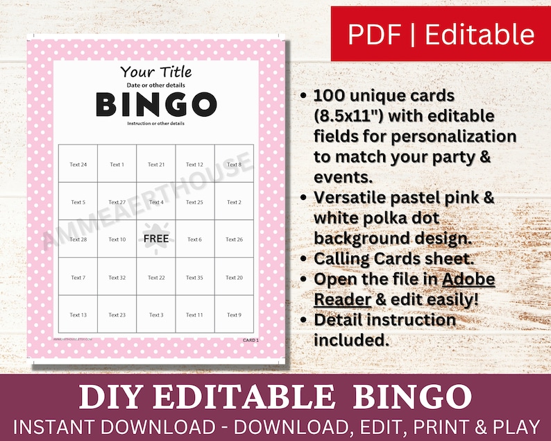 100 Editable Bingo Pastel Pink Template PDF, DIY Fillable Bingo Game ...