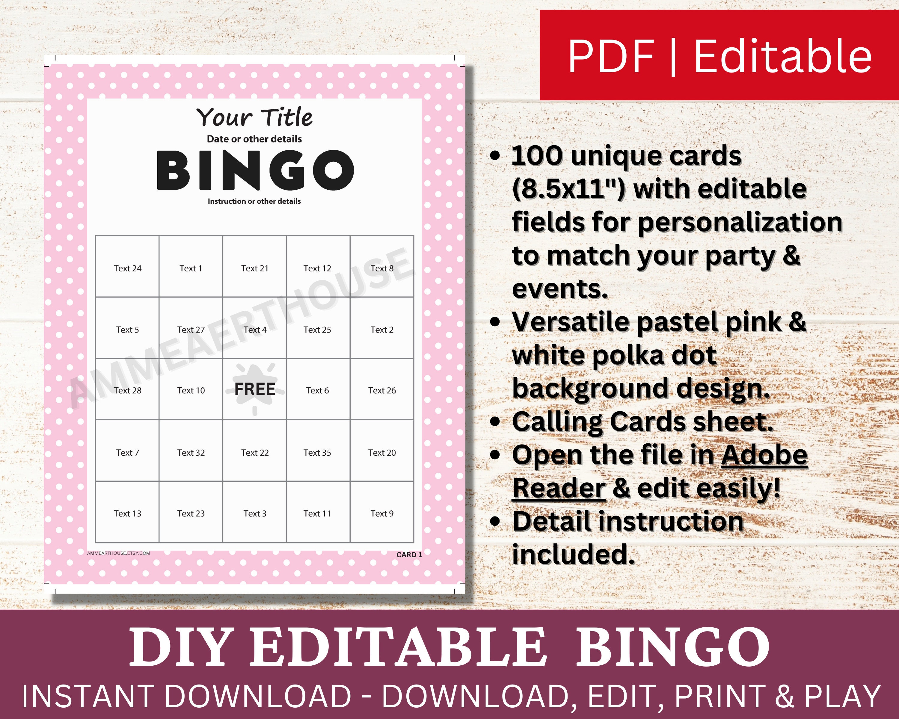 100 Editable Bingo Pastel Pink Template PDF, DIY Fillable Bingo Game ...