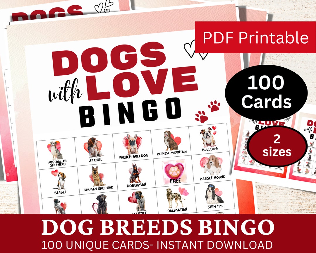 100 Dog Breeds Bingo Game Card, Dogs With Love Watercolor Theme Party ...